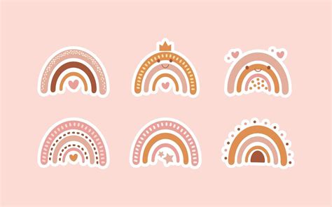 Set Of Boho Cartoon Rainbows Stickers In Scandinavian Style In Pastel