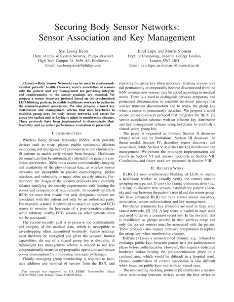 Pdf Securing Body Sensor Networks Sensor Association And Key Management