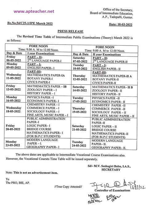 AP Inter Public Exam IPE Timetable April 2022 APTeacher Net