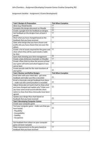 Unit 14 Computer Games Development Assignment 2 Checklist Teaching