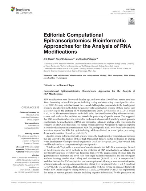 Pdf Editorial Computational Epitranscriptomics Bioinformatic