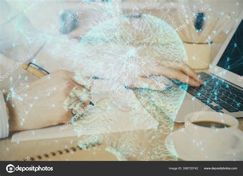 Man Typing Keyboard Background Brain Hologram Concept Big Data Double Stock Photo Peshkova