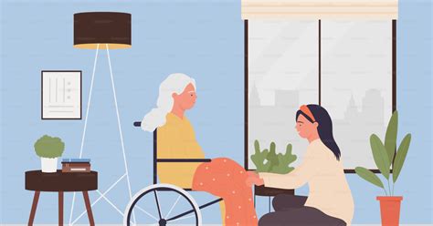 노인을 위한 재택 간호 서비스 젊은 여성 자원봉사 간병인이 늙은 환자 장애인 여성에게 휠체어 플랫 벡터 일러스트레이션에 앉아 있는 것을 돕는다 의료 은퇴 장애 개념