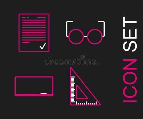 Set Line Triangular Ruler Chalkboard Glasses And Exam Sheet With Check Mark Icon Vector Stock