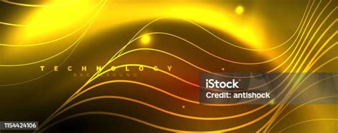 วงกลมนีออนที่สดใสและเส้นคลื่นแม่แบบการออกแบบพื้นหลังมันวาวเรืองแสงแนวคิดเทคโนดิจิตอล ภาพประกอบ