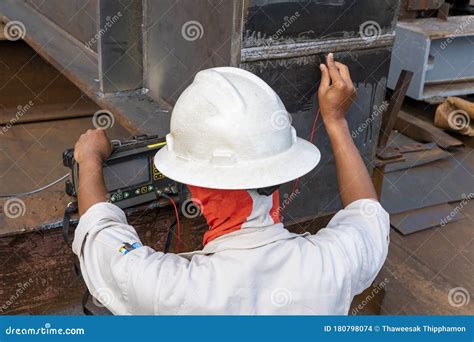 The Inspectors Are Checking Defect In Welded At Butt Joint With Process Ultrasonic Testing Ut Of