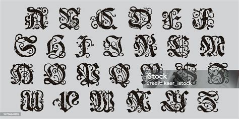 블랙 레터 알파벳입니다 중세 드롭 캡 빈티지 조명 이니셜 세트 공포 고딕 아이콘 글꼴입니다 알파벳에 대한 스톡 벡터 아트 및 기타 이미지 Istock