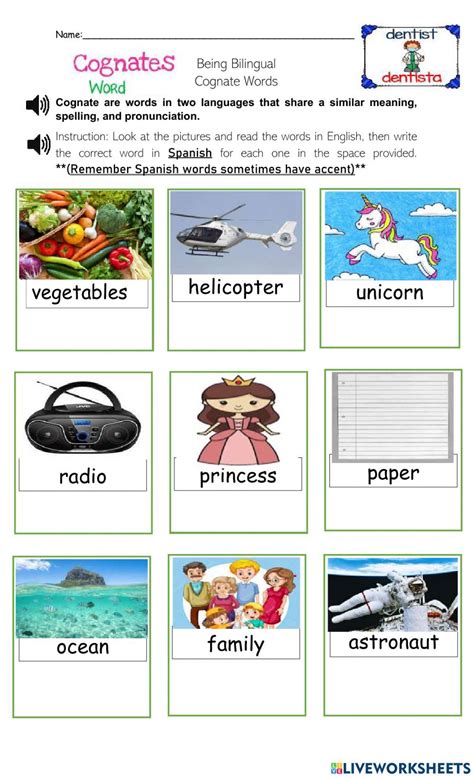 Cognate Words English Spanish Worksheet Cognates Spanish Cognates