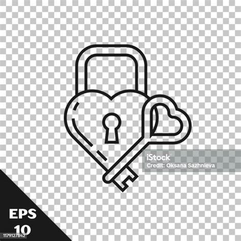 투명 한 배경에 고립 된 마음과 키 아이콘의 모양에 검은 선 성 잠긴 심장 기호와 열쇠 구멍 기호를 사랑합니다 벡터 일러스트레이션 개념에 대한 스톡 벡터 아트 및 기타