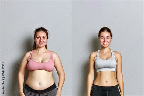 Woman Posing Before And After Weight Loss Diet And Healthy Nutrition