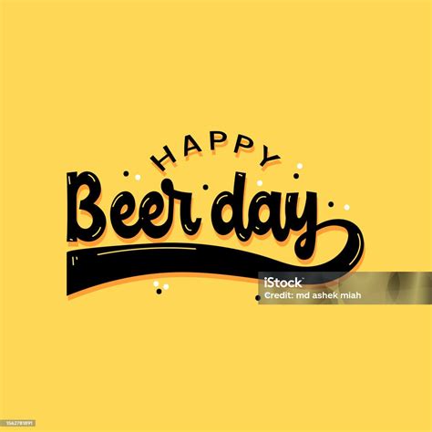 맥주의 날 복고풍 스타일의 타이포그래피 그림은 국제 맥주의 날을 축하하기 위해 노란색 배경에 있습니다 맥주의 날 로고 스티커 배너 템플릿 포스터 검정색 배경에 대한 스톡