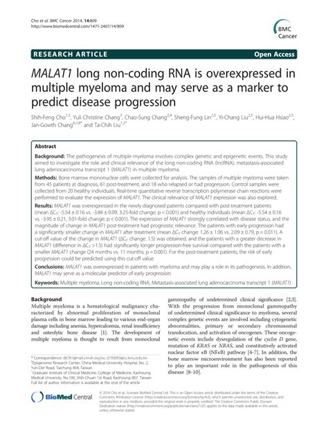 PDF MALAT1 Long Non Coding RNA Is Overexpressed In Multiple Myeloma And May Serve As A Marker