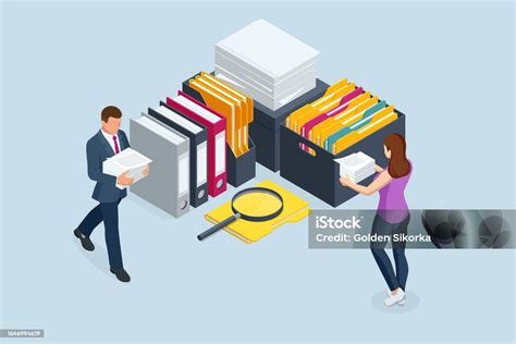 사무실의 서류 및 파일의 등각 투영 스택 관료주의 과부하 사무실의 관료 종이 문서 상자 및 폴더 더미 법에 대한 스톡 벡터 아트