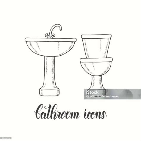 빈티지 손 그려진 기와 화장실 스케치 스타일에서 그릇 손으로 만든 글자 화장실에서 벡터 개체입니다 개수대에 대한 스톡 벡터 아트 및 기타 이미지 Istock