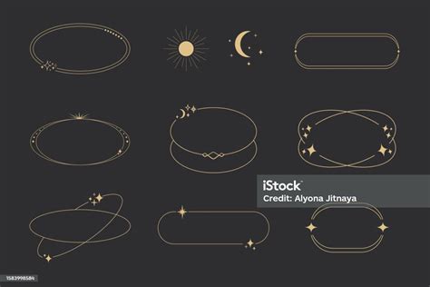 황금빛 천체 프레임 테두리 아치 라인 아트 난해한 최소한의 장식을 어두운 배경에 분리된 반짝임으로 설정합니다 벡터 그림 프레임에 대한 스톡 벡터 아트 및 기타 이미지