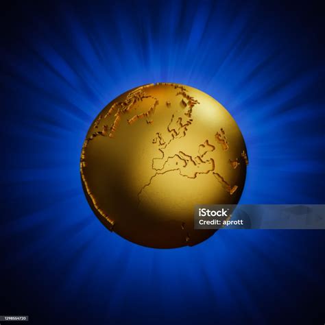 유럽을 앞에 보여주는 질감의 황금 지구 지구 방사형 광선이 있는 파란색 그라데이션 배경 3d 렌더 0명에 대한 스톡 사진 및 기타 이미지 Istock