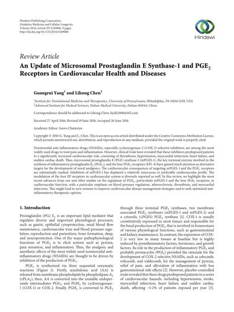 Pdf An Update Of Microsomal Prostaglandin E Synthase 1 And Pge 2 Receptors In Cardiovascular