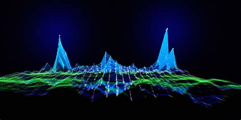 추상 배경에는 진한 파란색에 컬러 와이어프레임 디포커스가 포함되어 있습니다 가상 공간에서 3d 물결 모양의 다각형 개념 비즈니스