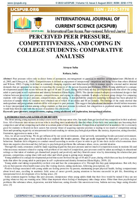 Pdf Perceived Peer Pressure Competitiveness And Coping In College