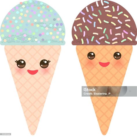 아이스크림 와플 콘 귀여운 재미 총구 분홍색 뺨 및 윙크 눈 흰색 바탕에 파스텔 색상 벡터 일러스트 레이 션 거품 내기에 대한 스톡 벡터 아트 및 기타 이미지 Istock