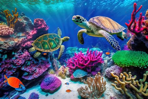 Arrecife De Coral Con Tortugas Marinas Salvajes Y Peces Océano Tropical Vida Submarina Ia