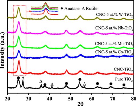 Xrd Patterns Of The Pure Tio2 Cnc Tio2 And 5 At Tm Doped Cnc Tio2