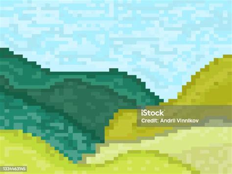 녹색 초원과 언덕픽셀 풍경 2d에서 90 년대의 복고풍 8 비트 비디오 게임 게임 앱 배너 및 포스터용 픽셀 아트 디자인 벡터 일러스트레이션 1980 1989 년에 대한