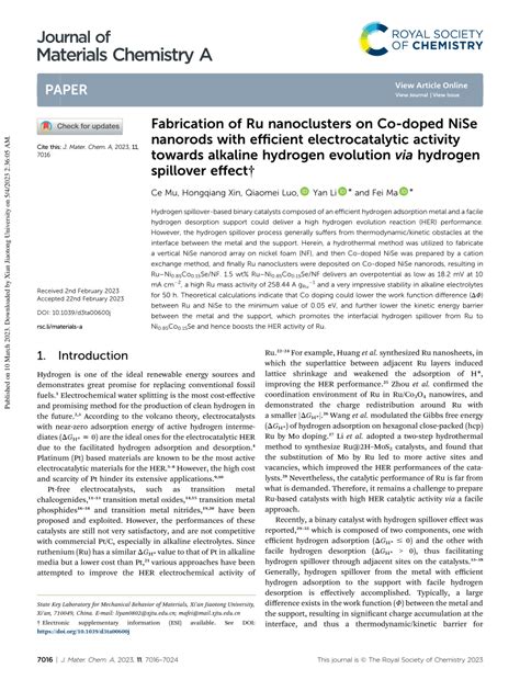 Pdf Fabrication Of Ru Nanoclusters On Co Doped Nise Nanorods With Efficient Electrocatalytic