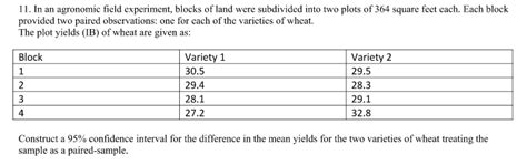 Solved 11 In An Agronomic Field Experiment Blocks Of Land