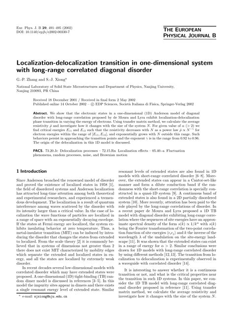Pdf Localization Delocalization Transition In One Dimensional System With Long Range