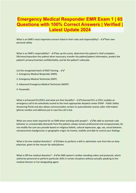 Emergency Medical Responder Emr Exam 1 65 Questions With 100 Correct Answers Verified