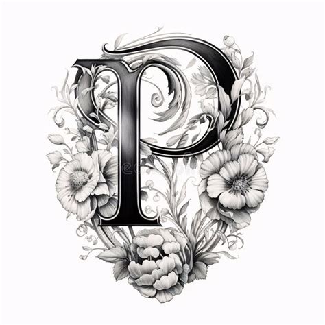 Hermoso Monograma Con Flores Y Letra P Ilustración De Mano Stock de ilustración Ilustración