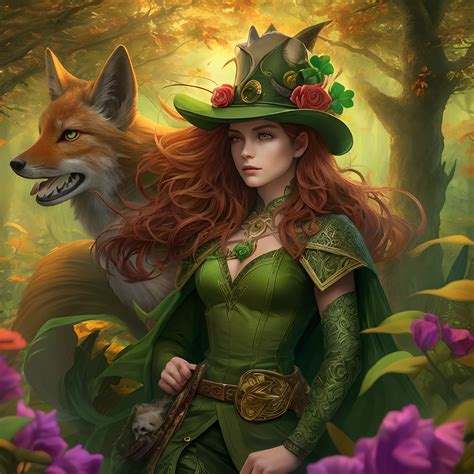 A Woman In A Green Dress And Hat With A Fox Seaart Ai