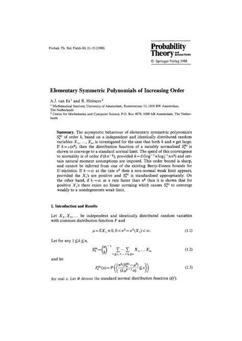 Pdf Elementary Symmetric Polynomials Of Increasing Order