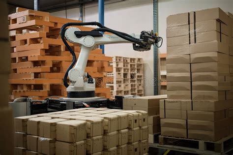 palletizing robot working in factory setting stacking and securing crates for shipment stock