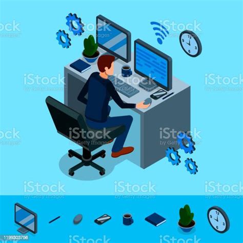 Konsep Pemrograman Isometrik Programmer Bekerja Di Tempat Kerjanya Di Sekelilingnya Adalah Ikon