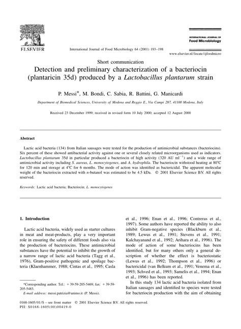 Pdf Detection And Preliminary Characterization Of A Bacteriocin Plantaricin 35d Produced By