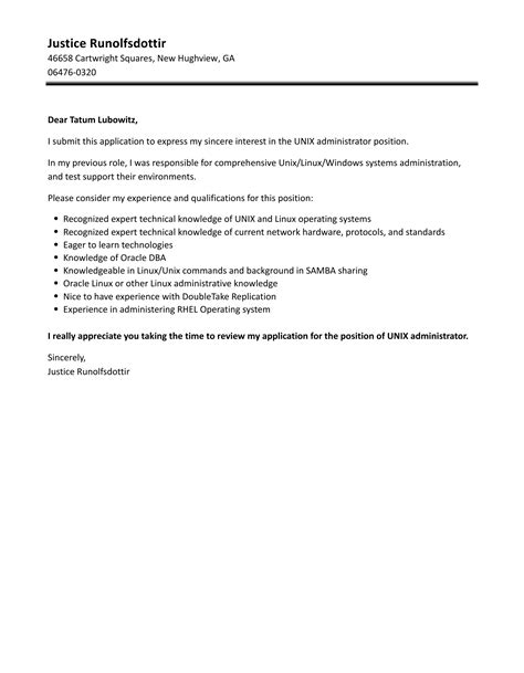 UNIX Administrator Cover Letter Velvet Jobs