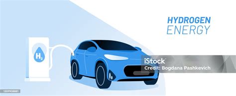 수소차 및 에너지 리필 벡터 일러스트 컨셉 수소 공급원에 연결된 주유소의 큰 파란색 자동차 웹 사이트 배너 광고 캠페인 또는