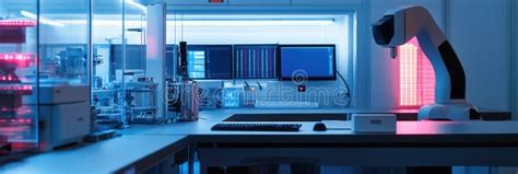 High Tech Laboratory Featuring A Humanoid Robot With Various Computer Screens And Equipment