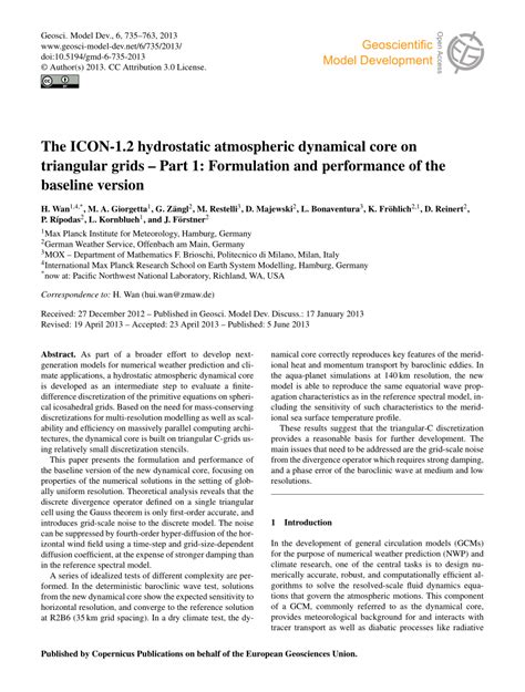 Pdf The Icon 12 Hydrostatic Atmospheric Dynamical Core On Triangular Grids Part 1