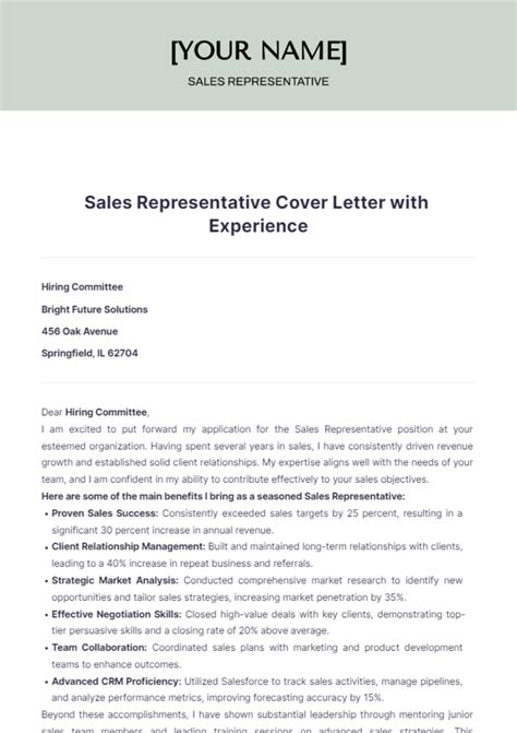 Free Sales Representative Cover Letter With Experience Template To Edit