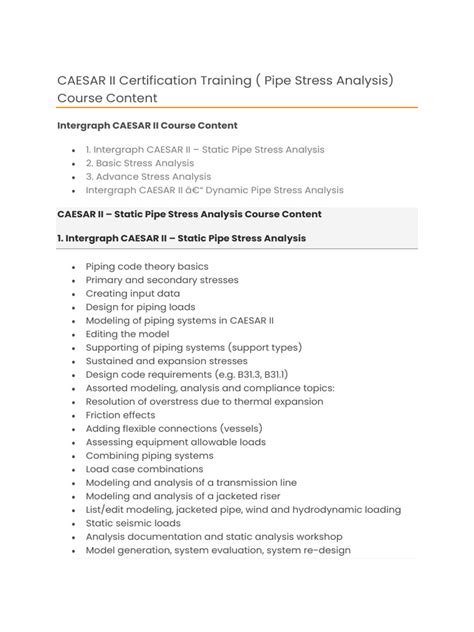 Caesar Ii Course Content Pdf Stressstrain Analysis Pipe Fluid