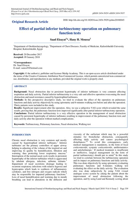 Pdf Effect Of Partial Inferior Turbinectomy Operation On Pulmonary Function Tests