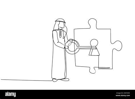 Single Continuous Line Drawing Arab Businessman Putting Big Key Into Puzzle Piece Teamwork