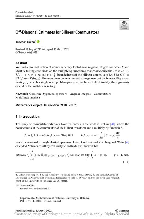 Pdf Off Diagonal Estimates For Bilinear Commutators