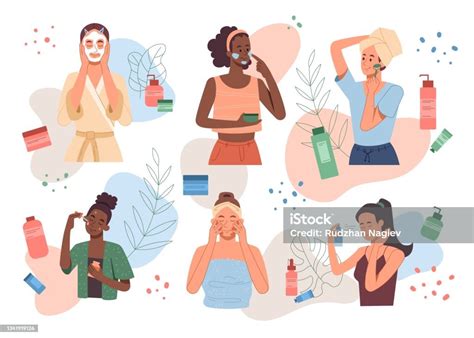 다양한 여성 캐릭터 세트가 흰색 배경에 클렌징 및 스킨케어 제품을 적용하고 있습니다 피부 관리에 대한 스톡 벡터 아트 및 기타 이미지 피부 관리 여자 일러스트레이션