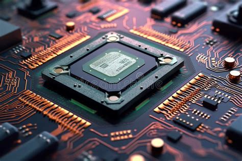 Focus On A Central Processing Unit Chip With Circuit On Motherboard Component Background Stock