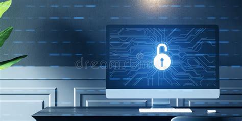 An Office Desk With A Computer Displaying A Lock Icon Over A Digital Circuit Background