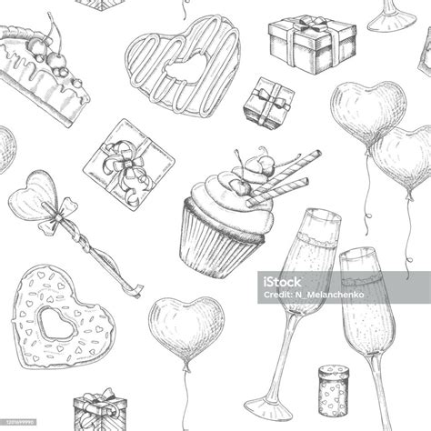 스케치 스타일 롤리팝 유약 도넛 샴페인 한 잔 선물 상자 파이와 컵 케이크에 낙서 손으로 그린 개체와 원활한 발렌타인 데이 패턴 14에 대한 스톡 벡터 아트 및 기타 이미지